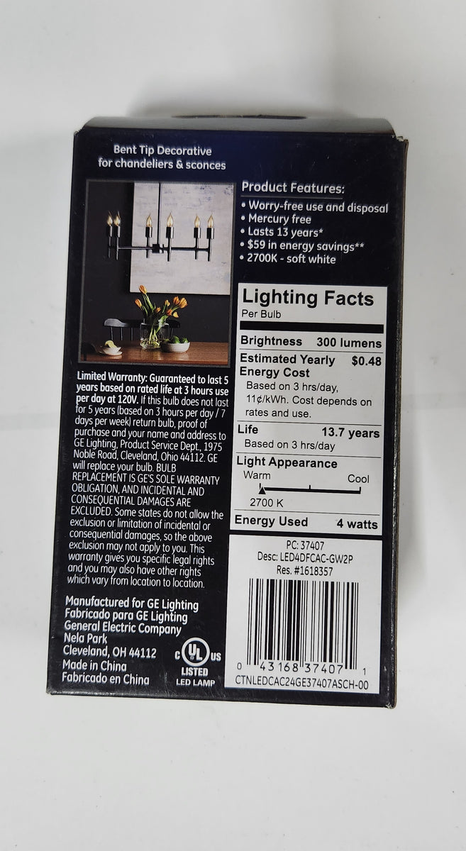 GE 3.5W=40W LED CAM Soft White Frost Candelabra Base Flame Tip Dimmabl – Light Bulb Stores