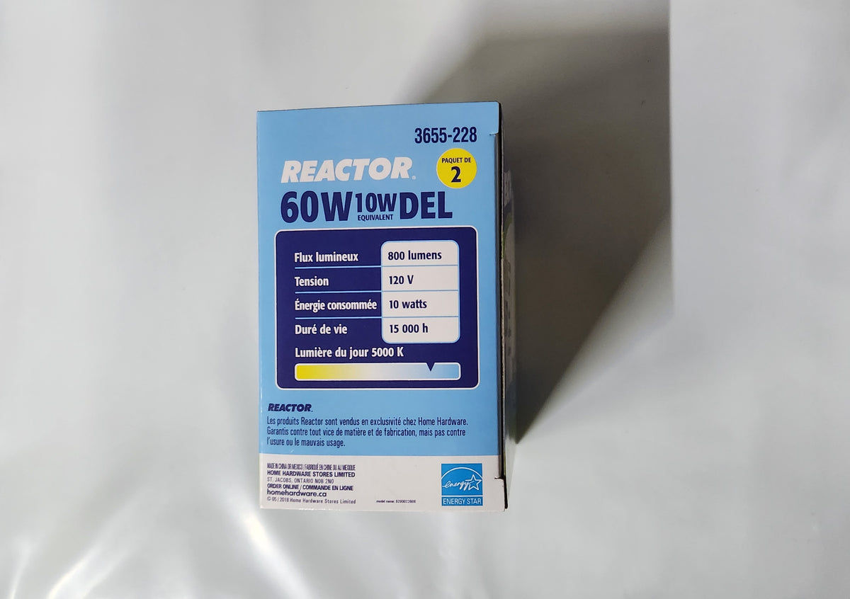 REACTOR 60W A19 Medium Base Daylight Dimmable LED Light Bulbs - 2 Pack ...