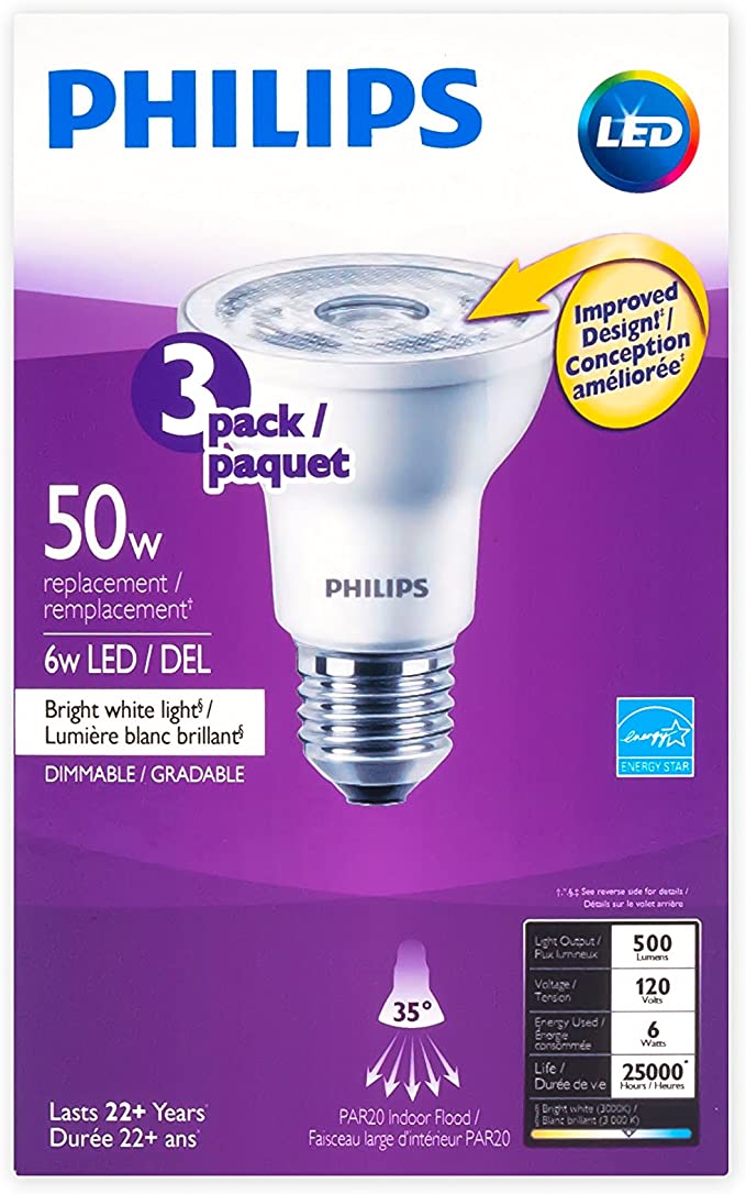 Philips LED 50W PAR20 Bright White SO ( 3 pack) – Light Bulb Stores